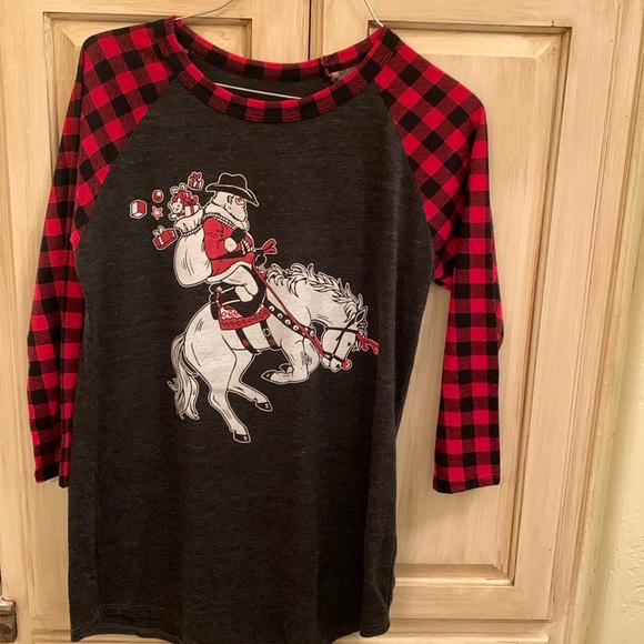 Tops | Bronc Riding Rodeo Santa With Christmas Toys Buffalo Plaid 34 ...